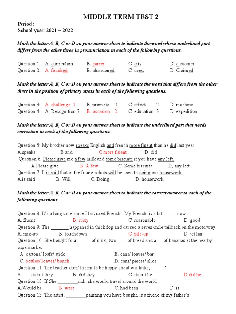 Middle Term Test 2021-2022 | PDF | English Language