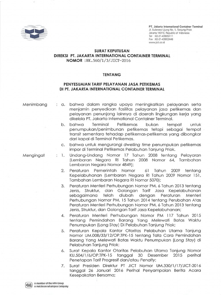 Surat Keputusan Direksi Jict Nomor HK.560.1.3.jict 2016 | PDF