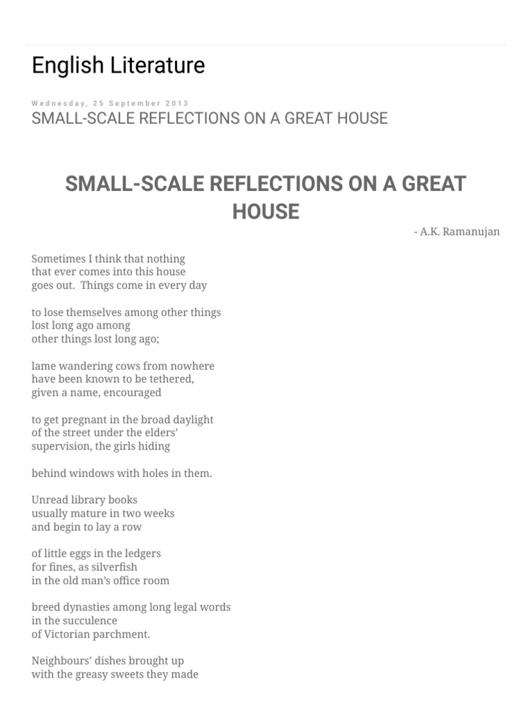 English Literature - Small-Scale Reflections On A Great House | PDF