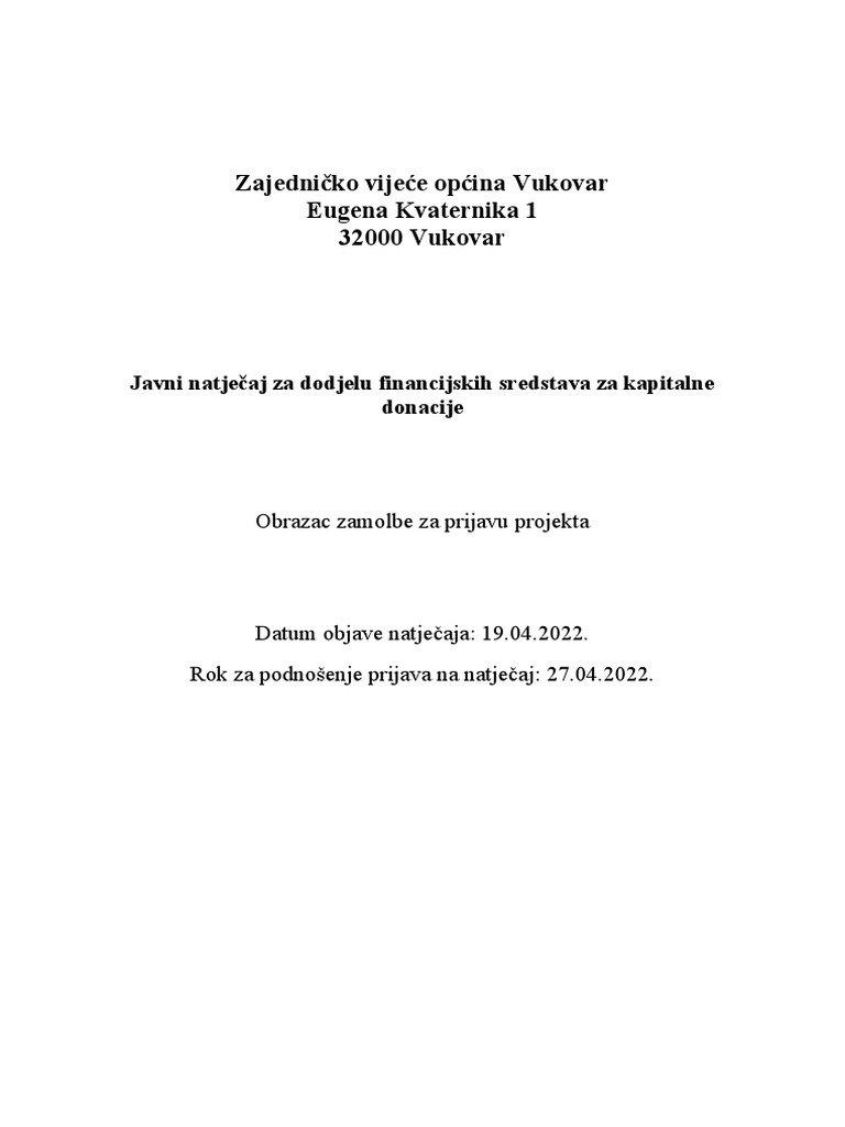 Obrazac Zamolbe Za Prijavu Projekta | PDF