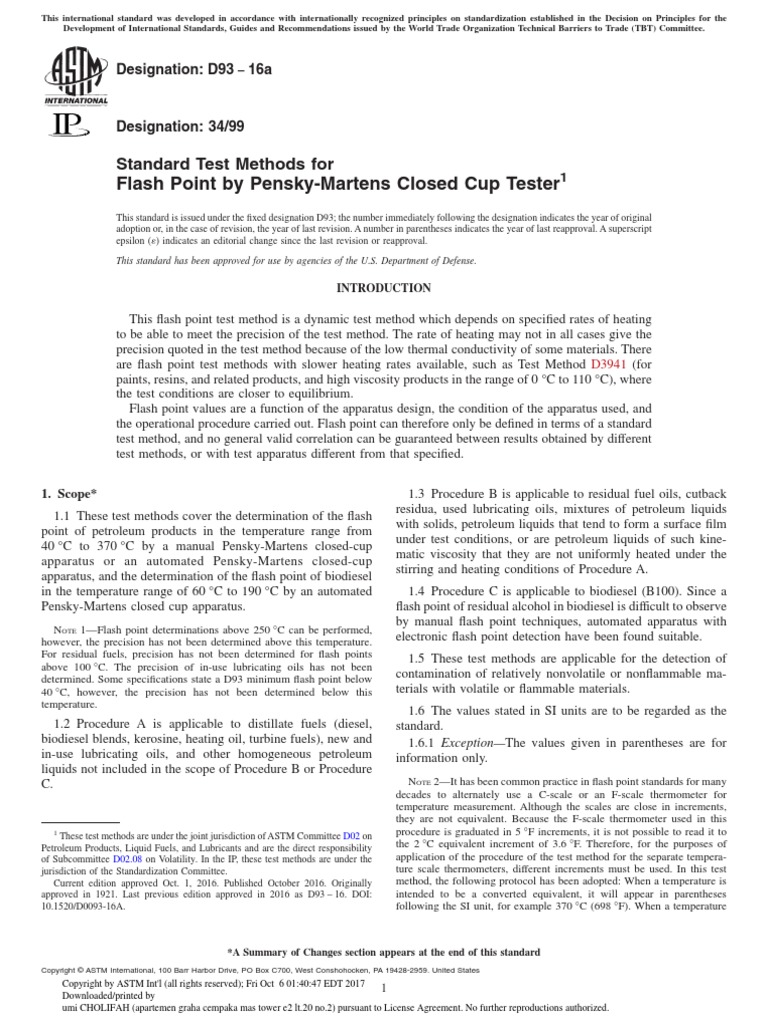 ASTM D93-16a (Flash Point PMCC) | PDF | Biodiesel | Chemistry