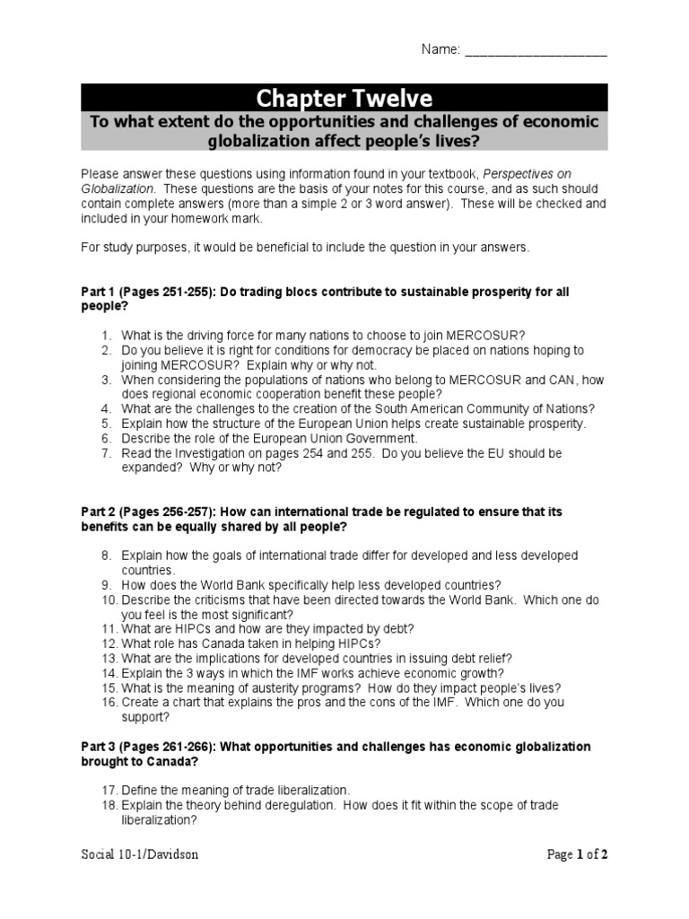 Social Studies 10-1 Chapter 12 Questions | PDF | Globalization ...