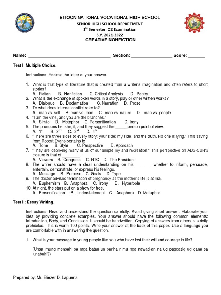 Creative Nonfiction Q2 Exam 2021-2022 | PDF | Writers | Creative Nonfiction