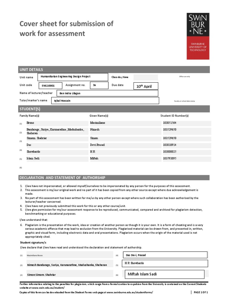 Cover Sheet For Submission of Work For Assessment: Unit Details | PDF ...
