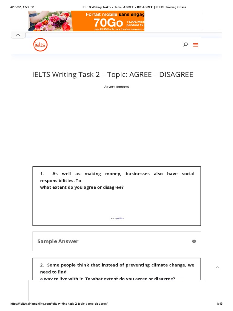 IELTS Writing Task 2 - Topic: AGREE - DISAGREE: Sample Answer | PDF ...