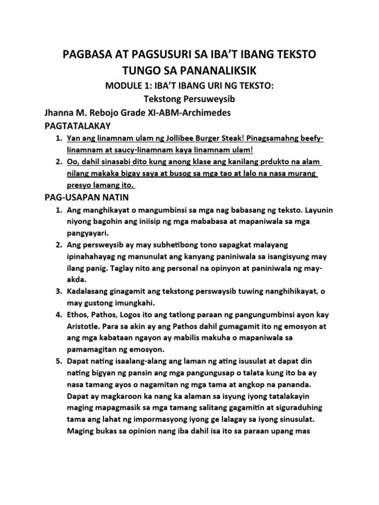 Pagbasa at Pagsusuri Module 1 | PDF