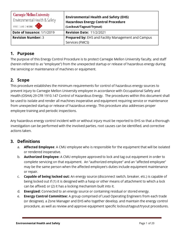 CMU Hazardous Energy Control Guide | PDF | Safety