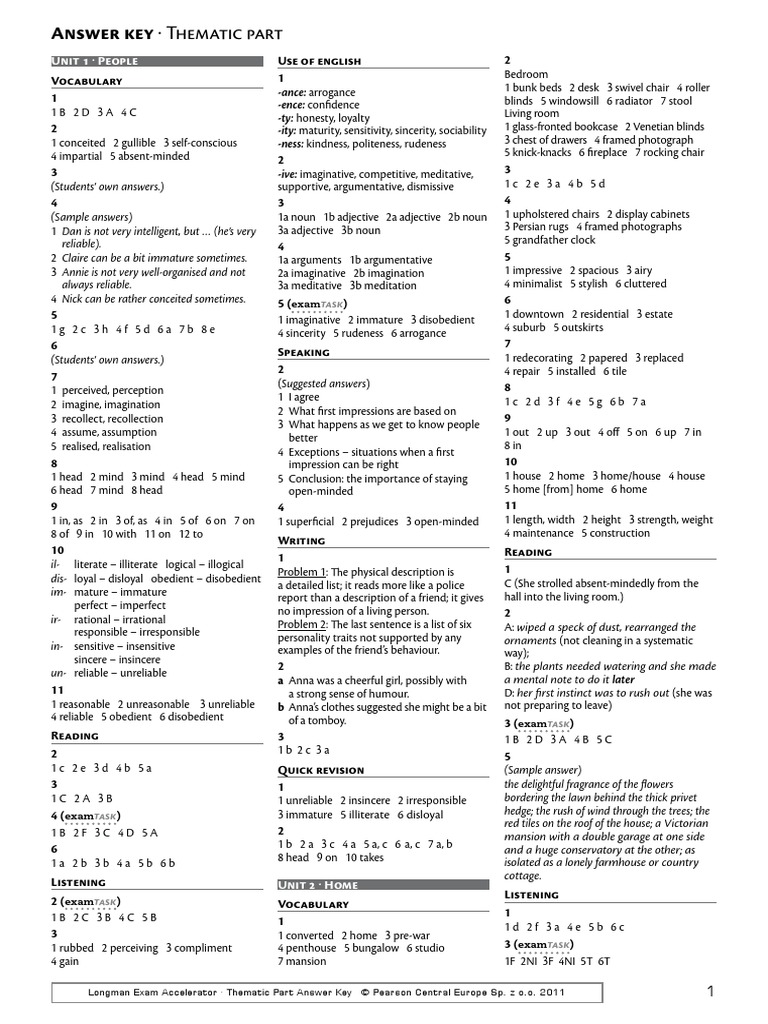 Answer Key Thematic Part: Unit 1 - People | PDF