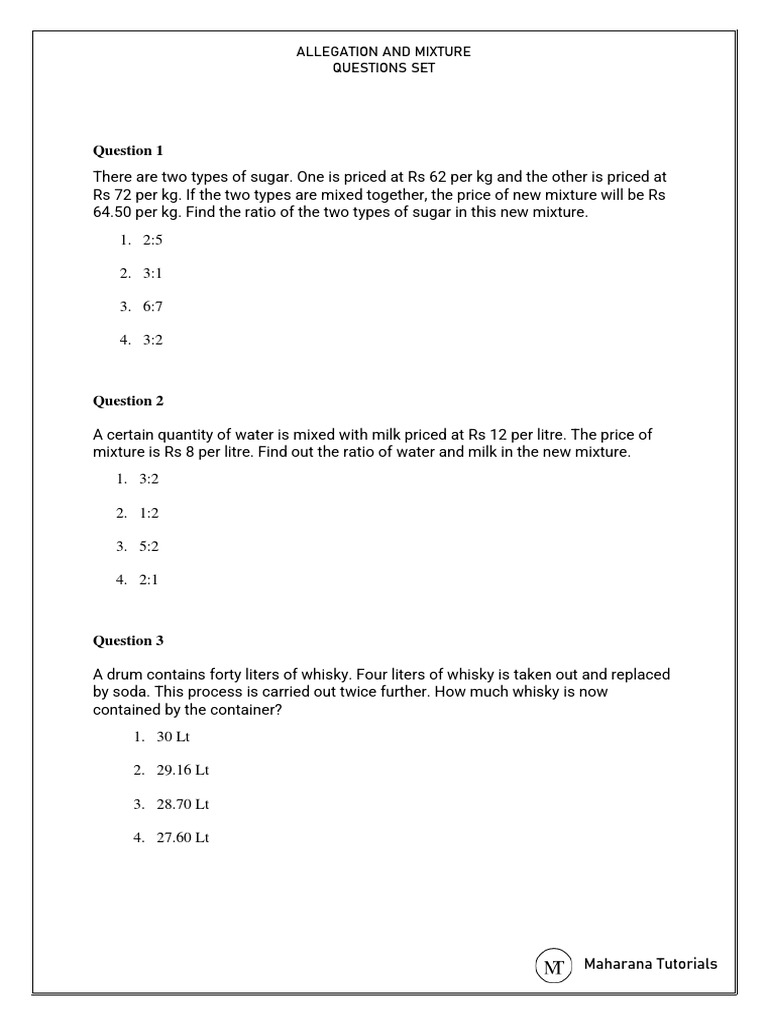 Allegation and Mixture Question Set | PDF | Ratio