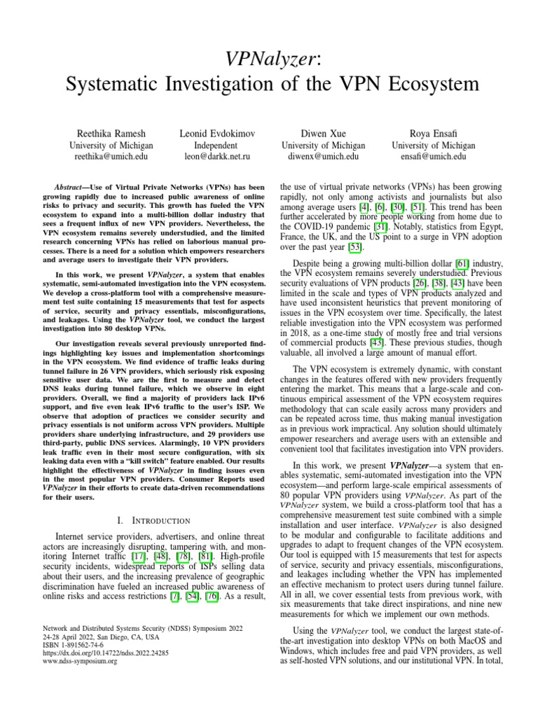 Vpnalyzer: Systematic Investigation of The VPN Ecosystem: Reethika Ramesh Leonid Evdokimov Diwen ...