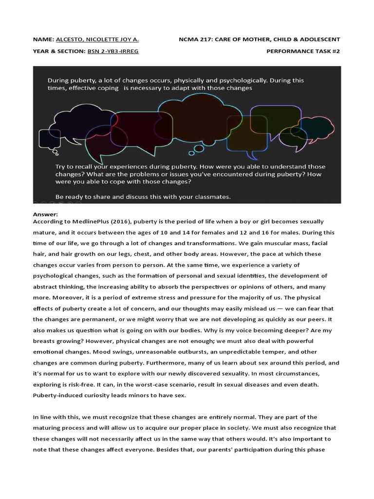 Performance Task #2 - Alcesto (BSN 2-Yb3-Irreg.) | PDF | Puberty | Menstruation