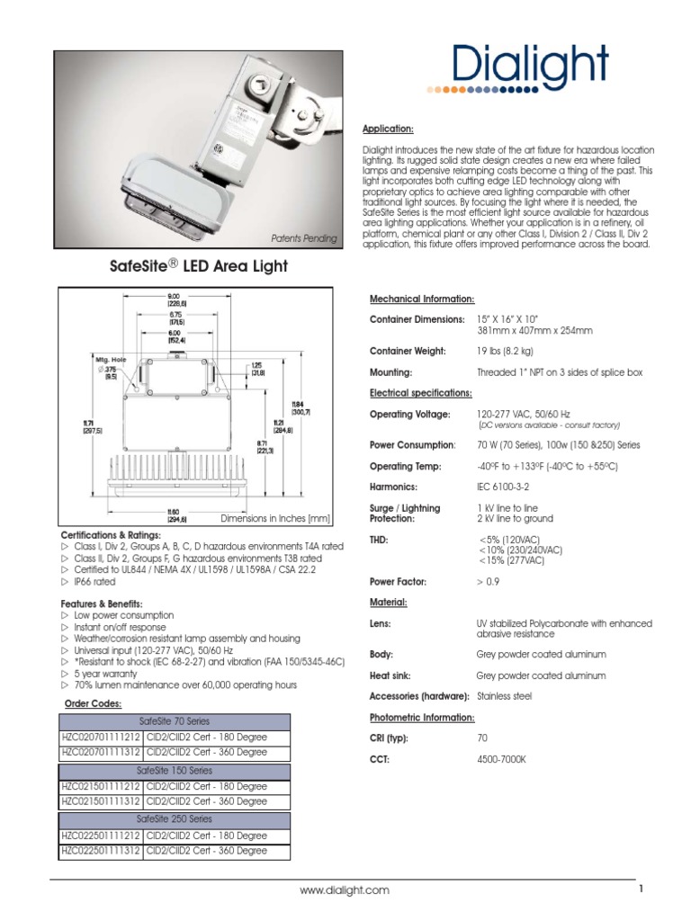 Safesite Led Area Light: Patents Pending | PDF | Lighting | Electric Power