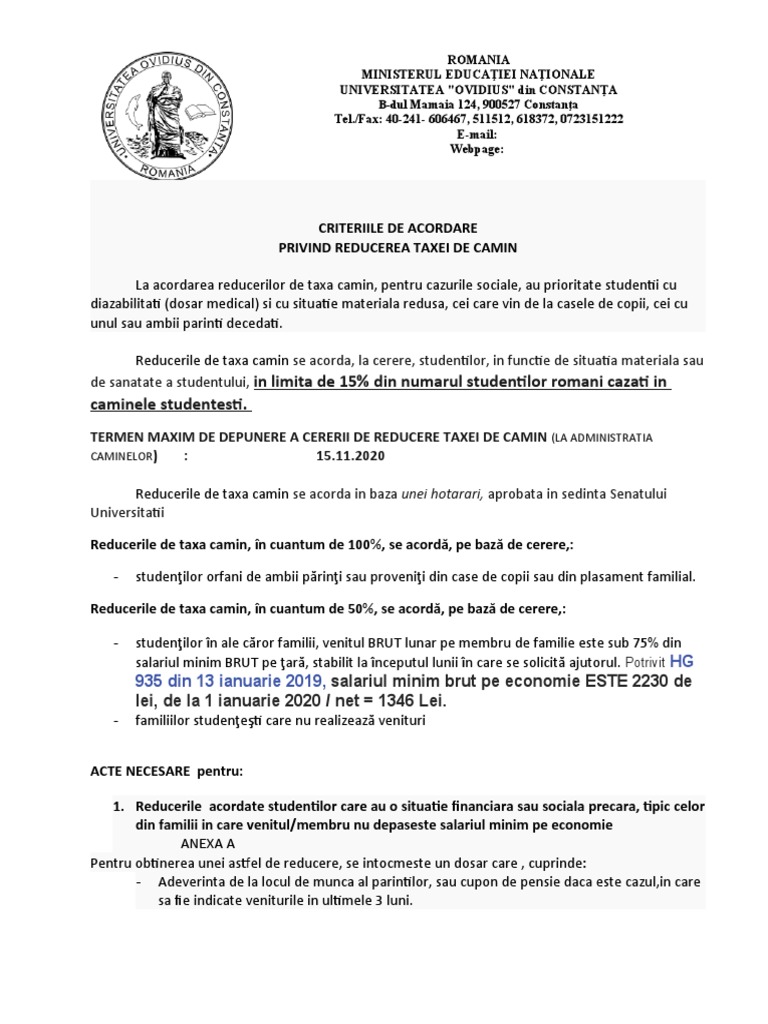 2020 - 2021 Criterii Reducere Taxa Cazare | PDF