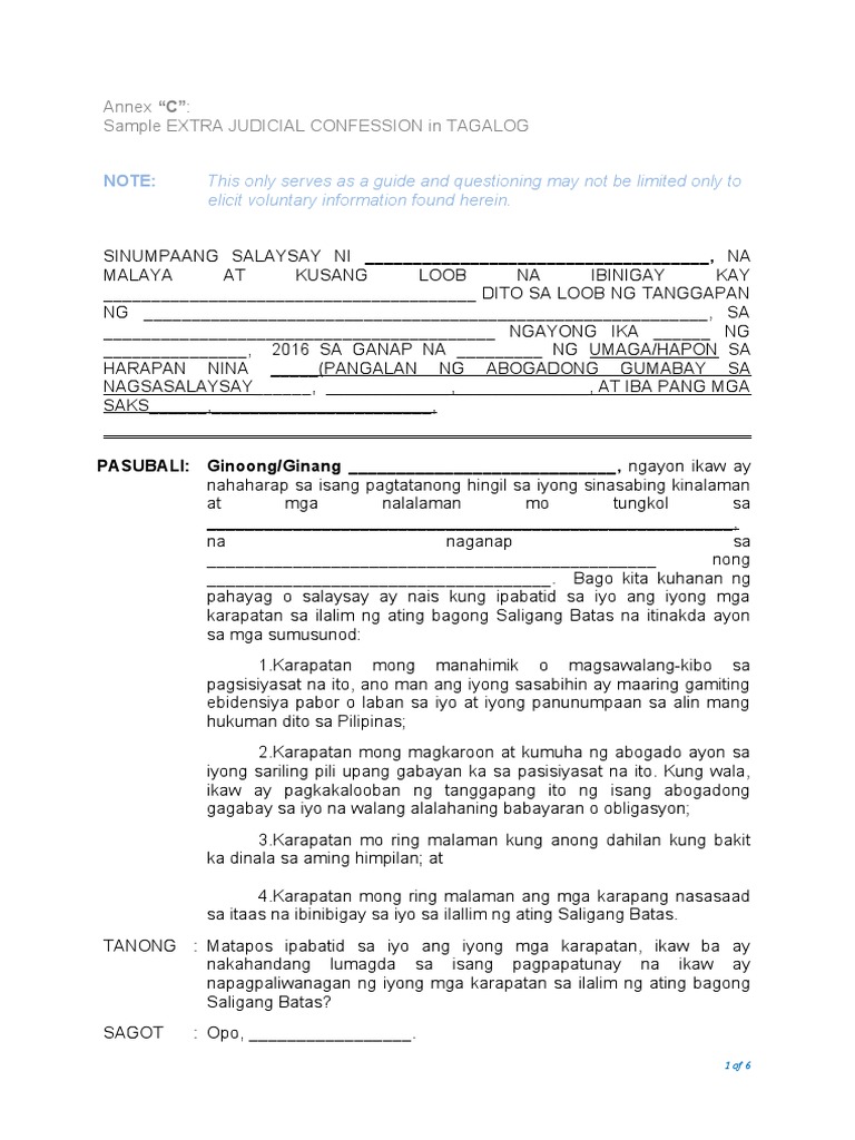Sample Format of Extra Judicial Confession (Tagalog) | PDF