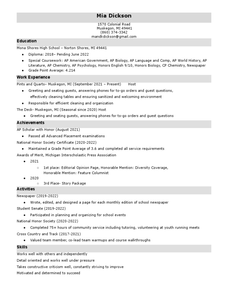Mia Dickson Resume | PDF