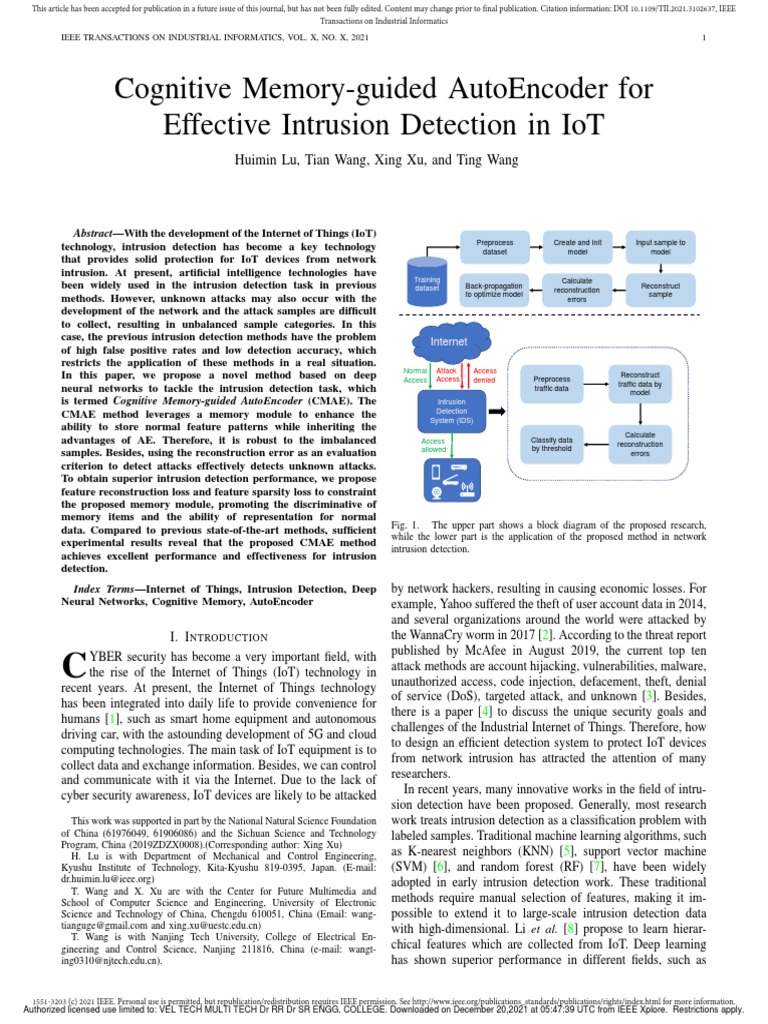 Cognitive Memory Guided Autoencoder For Effective Intrusion Detection In Iot Pdf Machine 6776