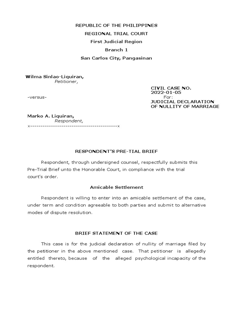 Respondent's Pre-Trial Brief on Marriage Nullity | PDF | Annulment ...