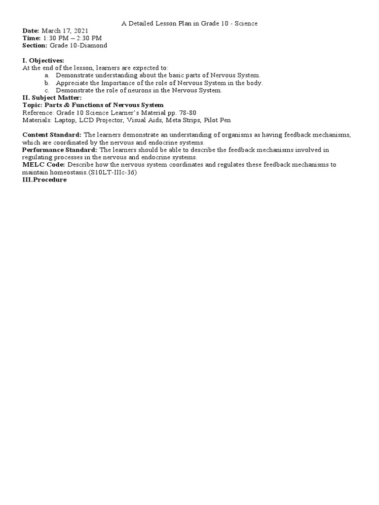 Grade 10 Nervous System Lesson Plan | PDF | Nervous System | Brain