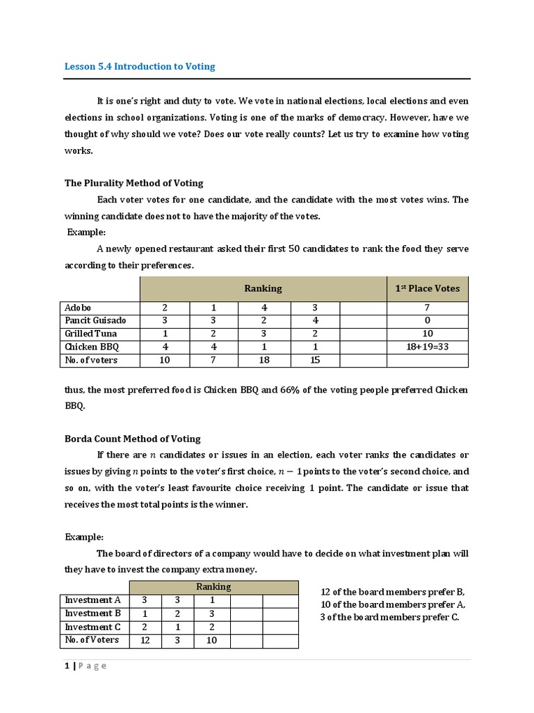 Lesson 5.4 Introduction To Voting: The Plurality Method of Voting | PDF ...