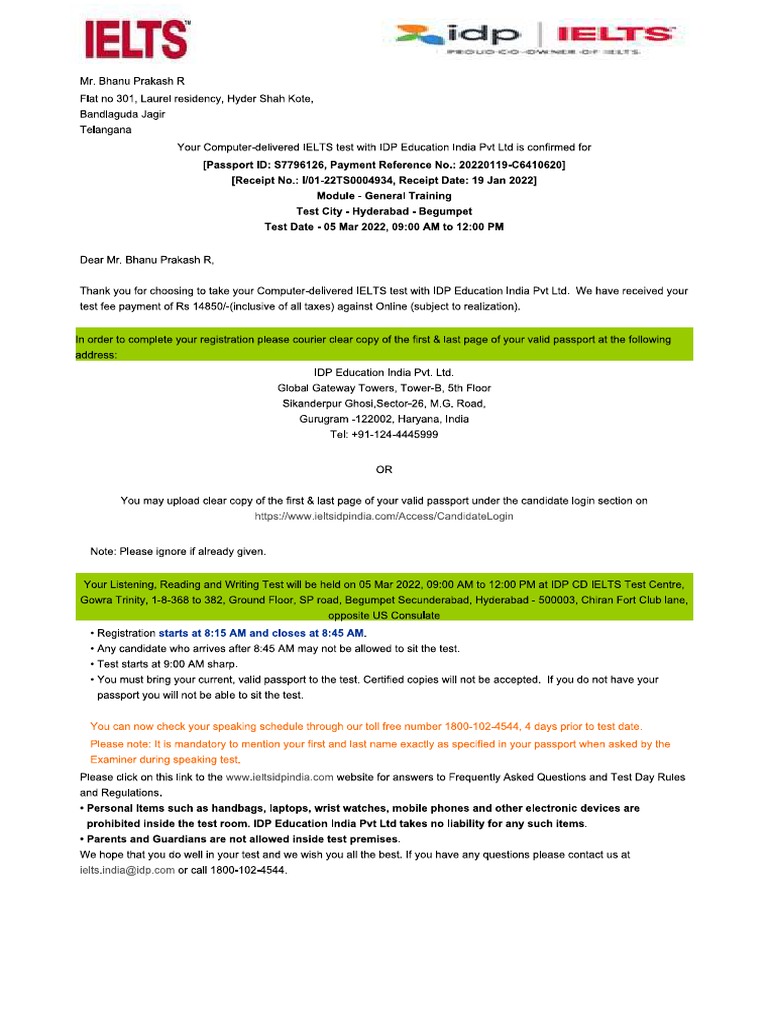 Ielts Mail Confirmation | PDF