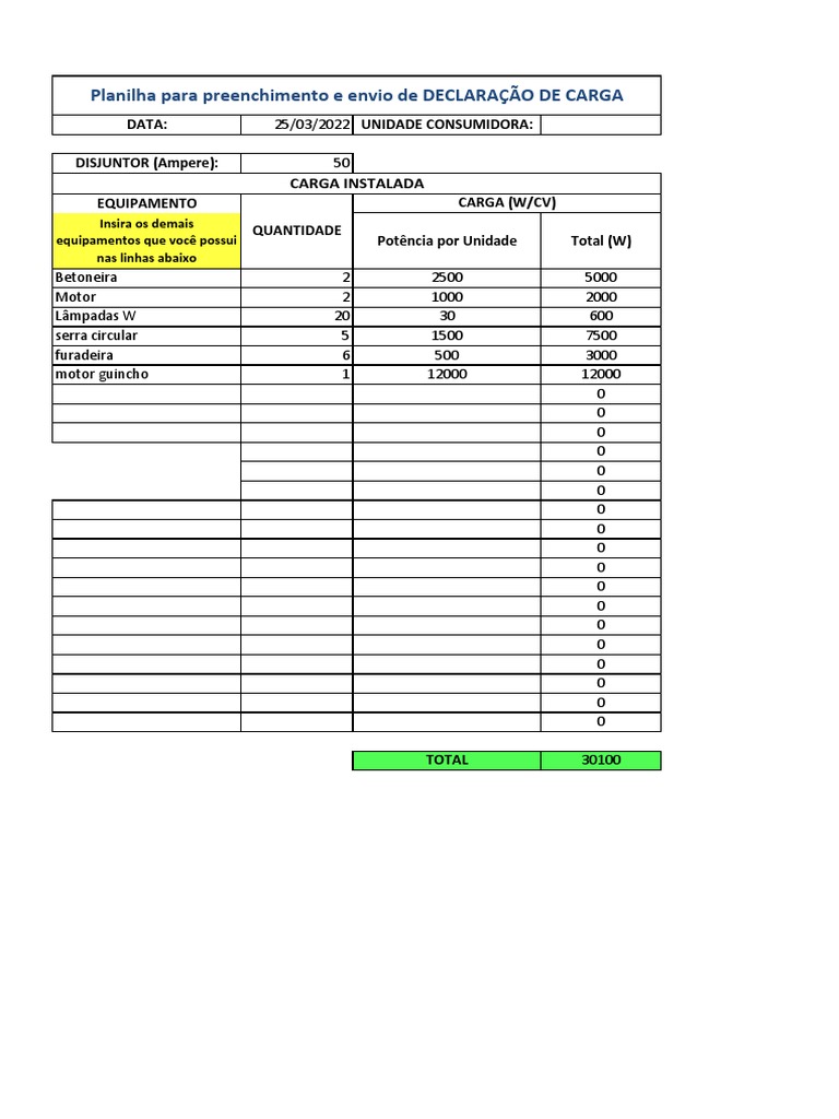 Declaração de Carga - Simplificada | PDF