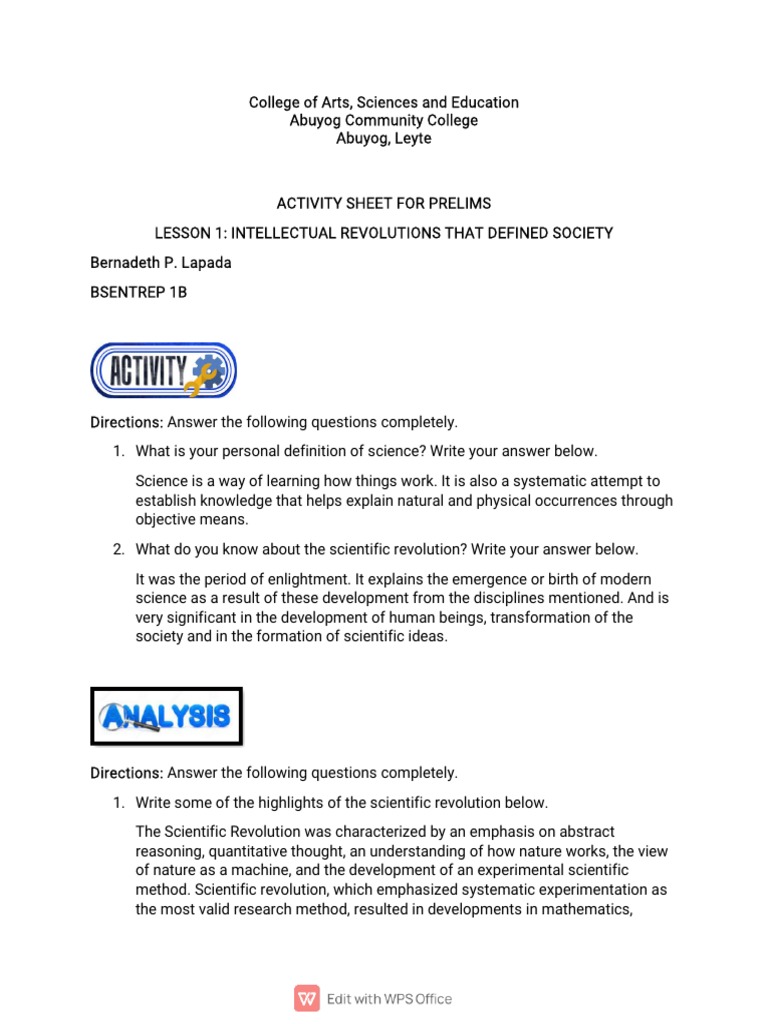 Lesson1 Activity Sheet-Scientific Revolution | PDF