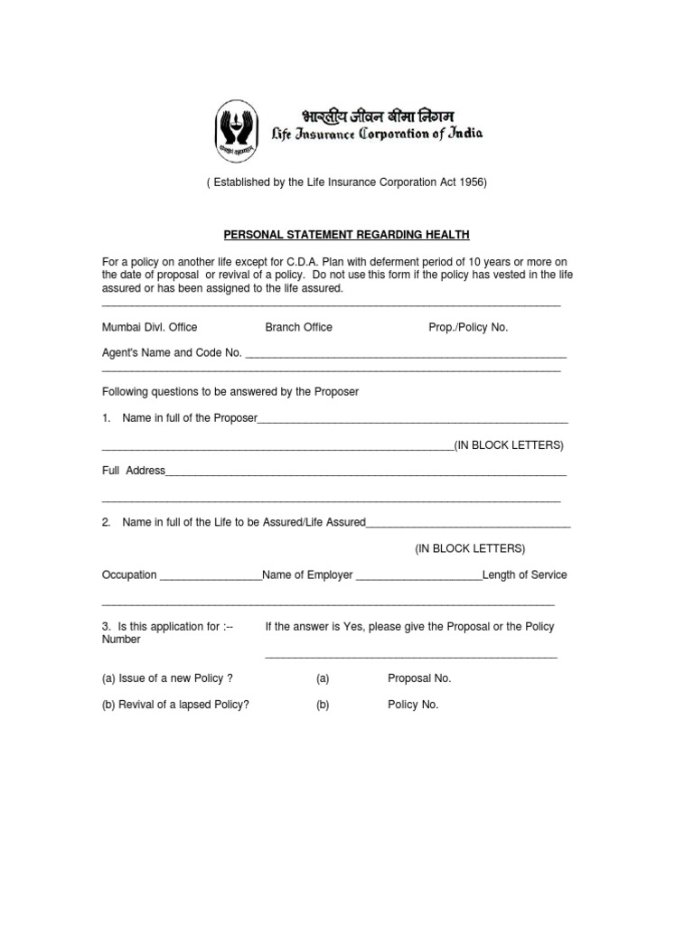 Personal Statement Regarding Health | PDF | Life Insurance | Government