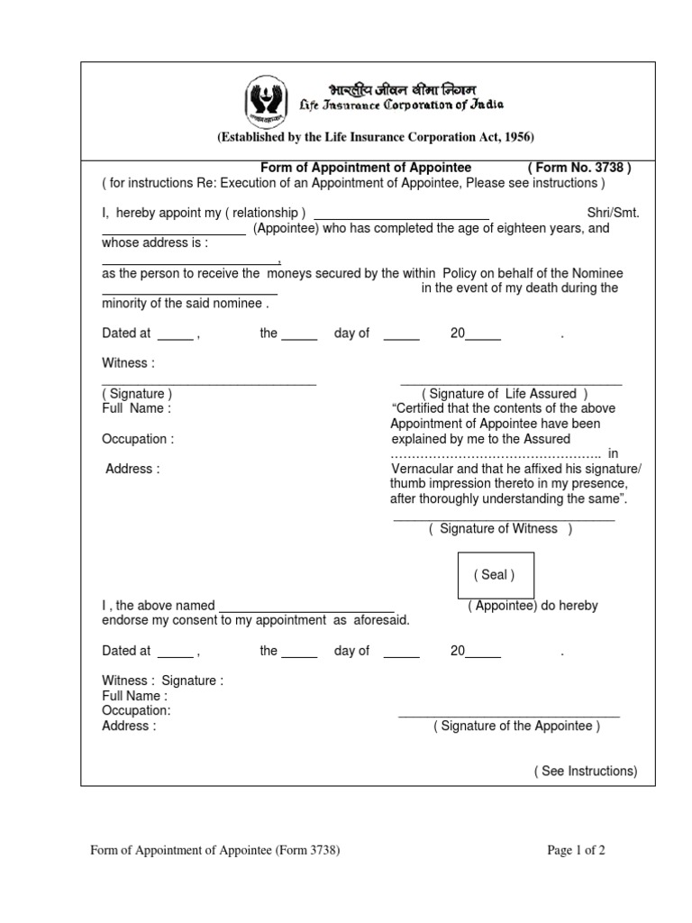 Appointment of Appointee Form 3738 | PDF | Signature | Social Institutions