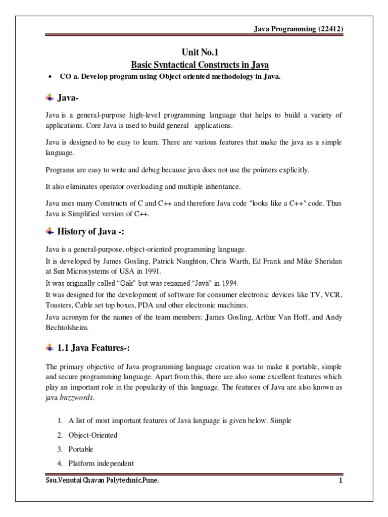 Java Unit No 1 Basic Syntactical Constructs In Java Pdf Java