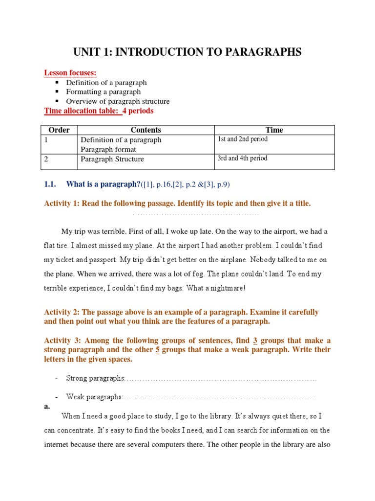 Unit 1: Introduction To Paragraphs: Lesson Focuses | PDF | Nonverbal ...