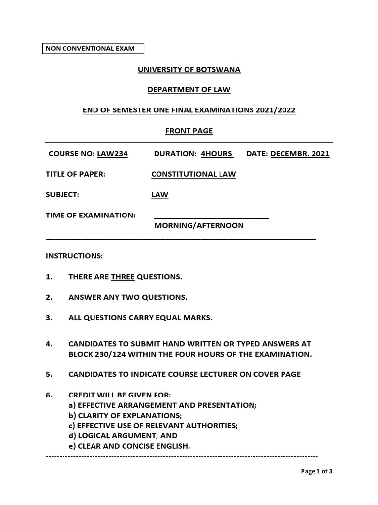 BOTSWANA LAW EXAM | PDF | Constitutional Law | Government