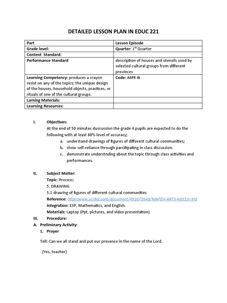 Grade 4 Cultural Drawing Lesson Plan | PDF | Lesson Plan | Teachers