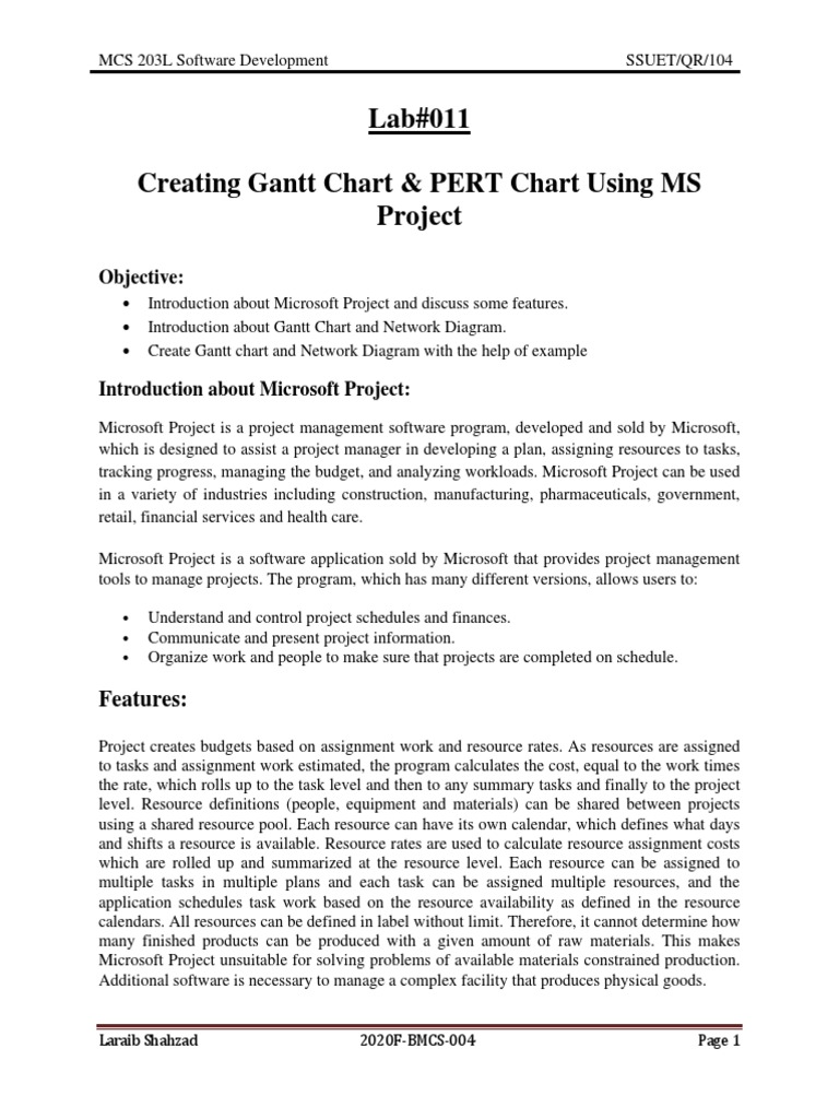 Lab#011 Creating Gantt Chart & PERT Chart Using MS Project: Objective | Download Free PDF ...