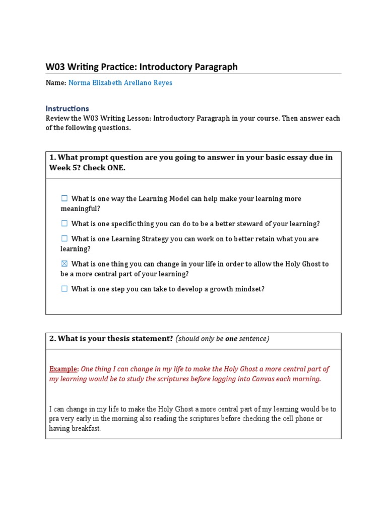 W03 Writing Practice: Introductory Paragraph: Instructions | PDF
