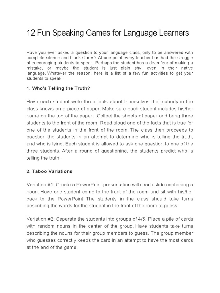 12 Fun Speaking Games For Language Learners | PDF | Truth | Question
