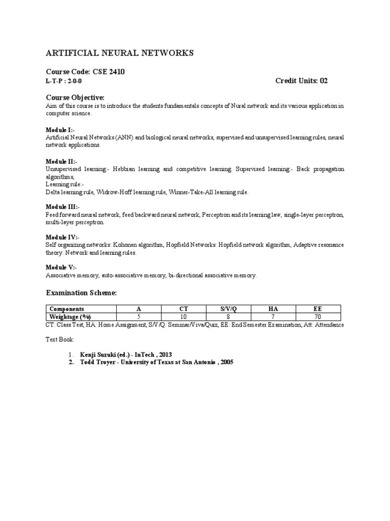 Artificial Neural Networks: Course Code: CSE 2410 Credit Units: 02 ...