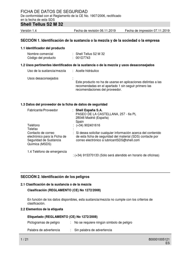 Shell Tellus S2 M 32 Hoja de Seguridad | PDF | Residuos | Agua