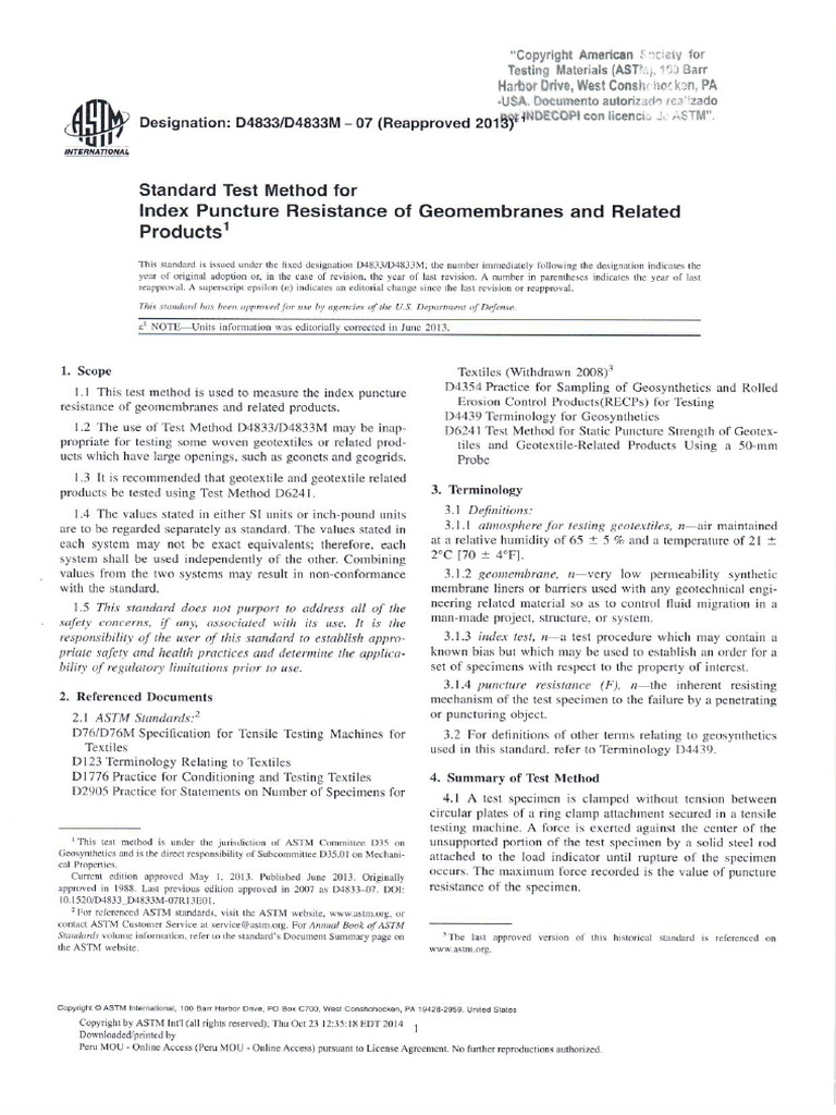 ASTM D4833 - D4833M-07 (2013) E1 (Punzonado) | PDF
