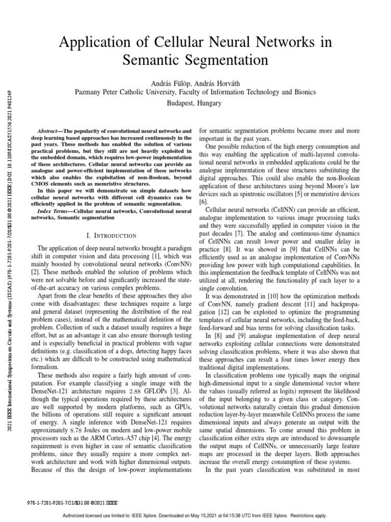 Application Of Cellular Neural Networks In Semantic Segmentation Pdf Image Segmentation