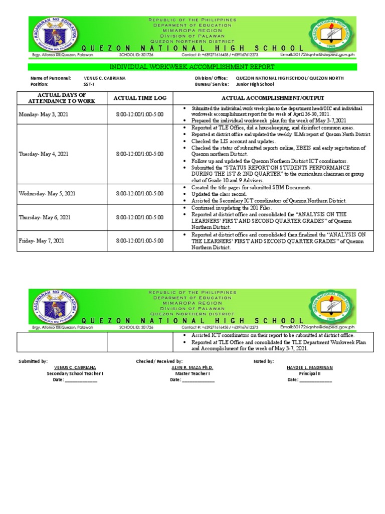 05 May 03-07 2021 Individual Workweek Accomplishment Report | PDF ...