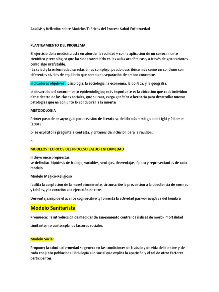 Análisis Y Reflexión Sobre Modelos Teóricos Del Proceso Salud Pdf 8721