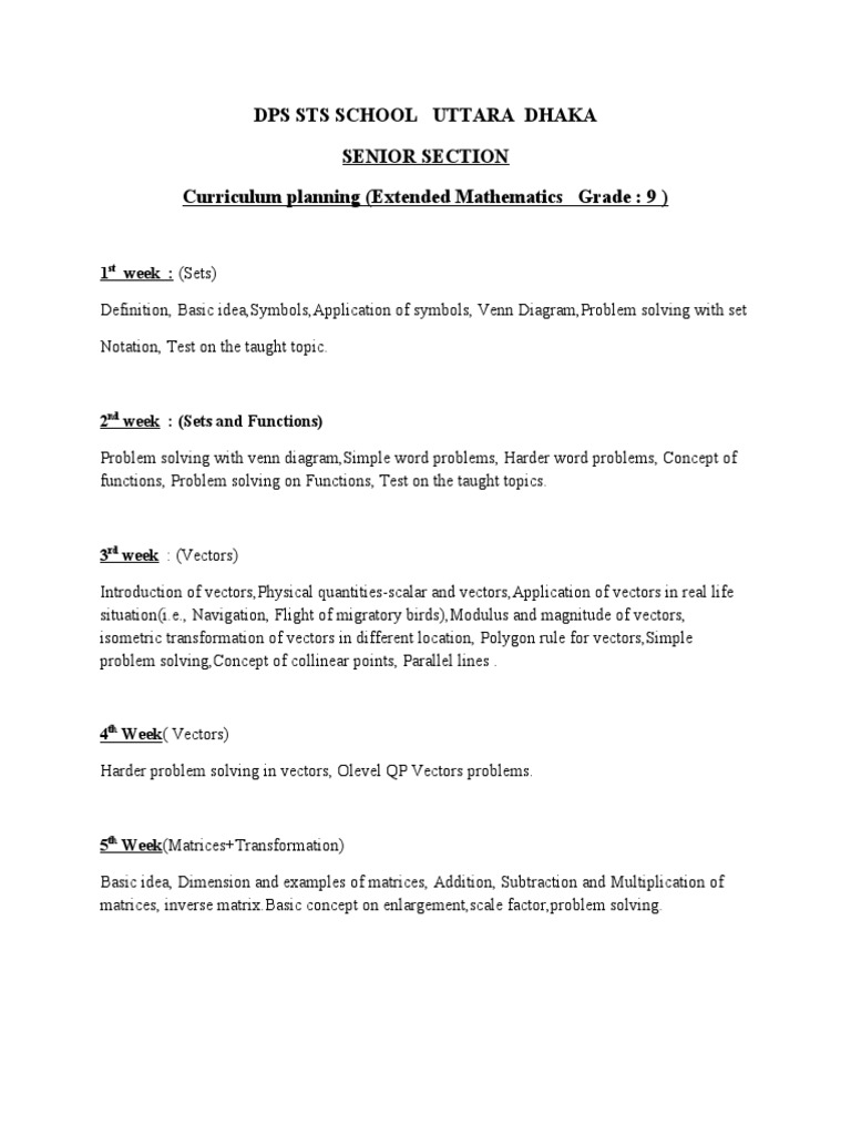 Curriculum Planning For Class 9 (Extended Mathematics) | PDF