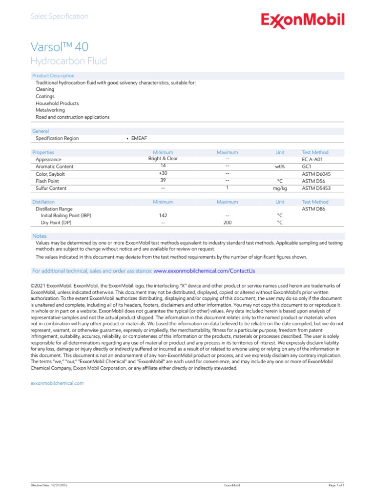 Varsol™ 40: Hydrocarbon Fluid | PDF | Exxon Mobil