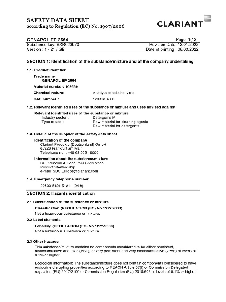 Clariant SDS GENAPOL EP 2564 United Kingdom English | PDF | Toxicity ...