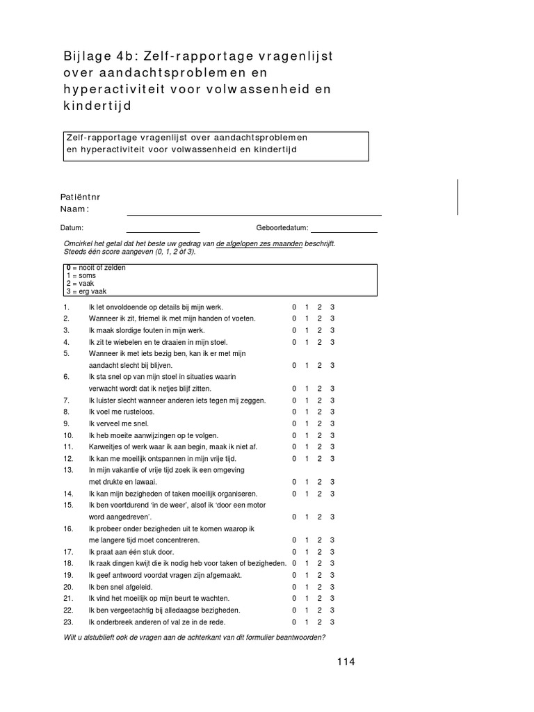 Vragenlijst ADHD - Testing | PDF