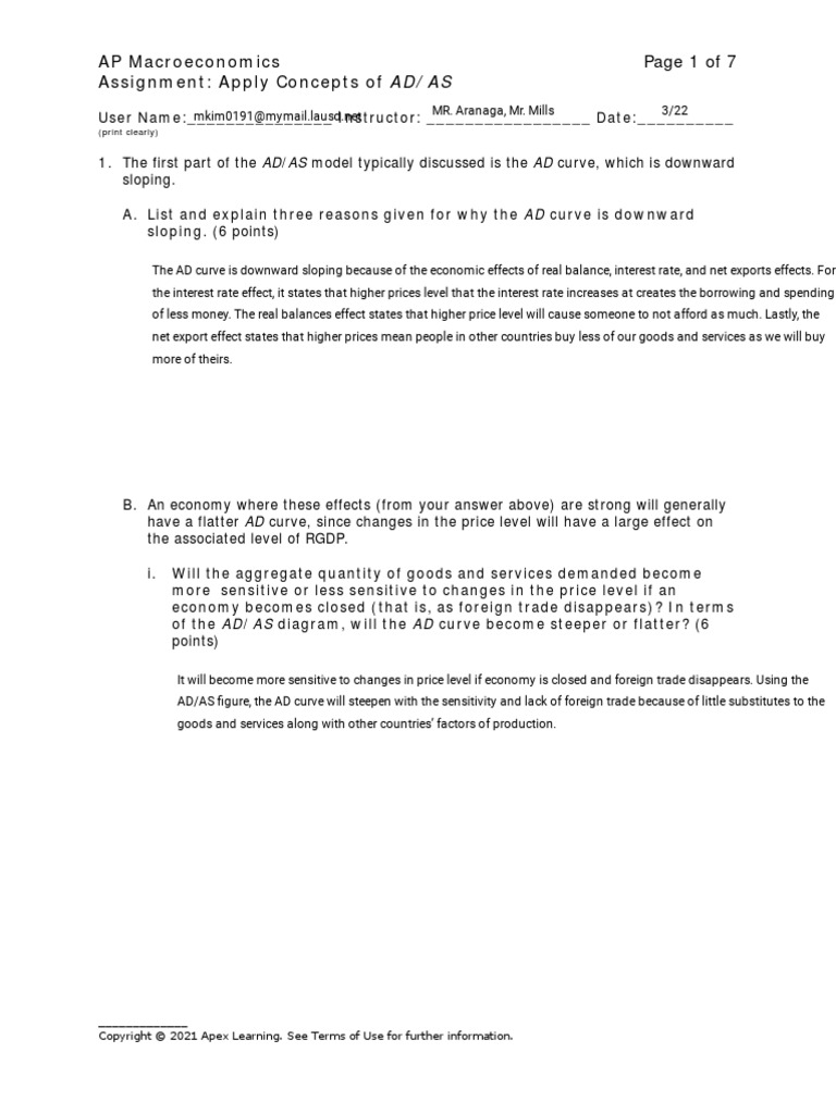 AP Macroeconomics Assignment: Apply Concepts of AD/AS: Sloping | PDF ...
