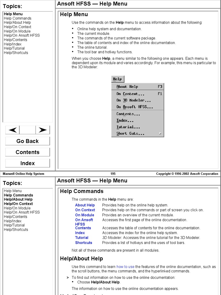 Ansoft HFSS - Help Menu Topics: Help Menu | Download Free PDF | Keyboard Shortcut | System Software