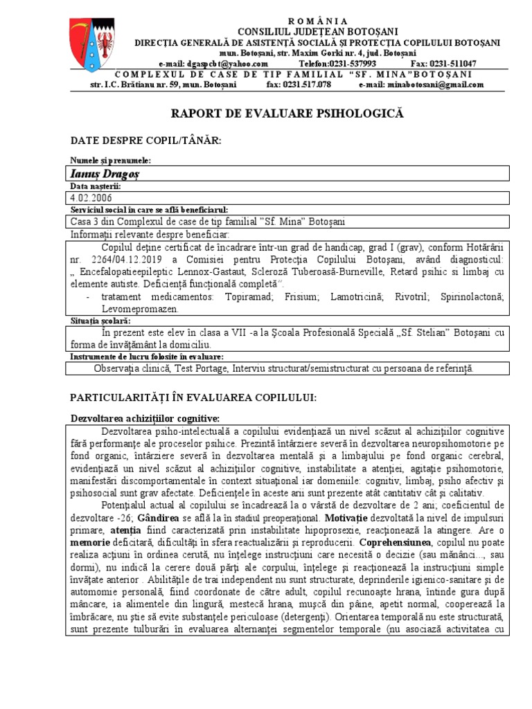 Raport de Evaluare Psihologica | PDF