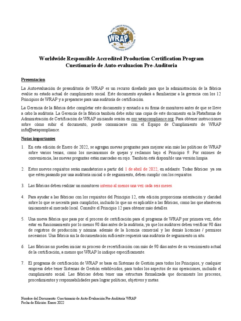 WRAP Pre Audit Self Assessment January 2022 Edition Spanish Protected ...