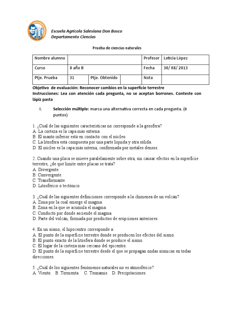 Prueba Capas de La Tierra | PDF | Tierra | Temblores